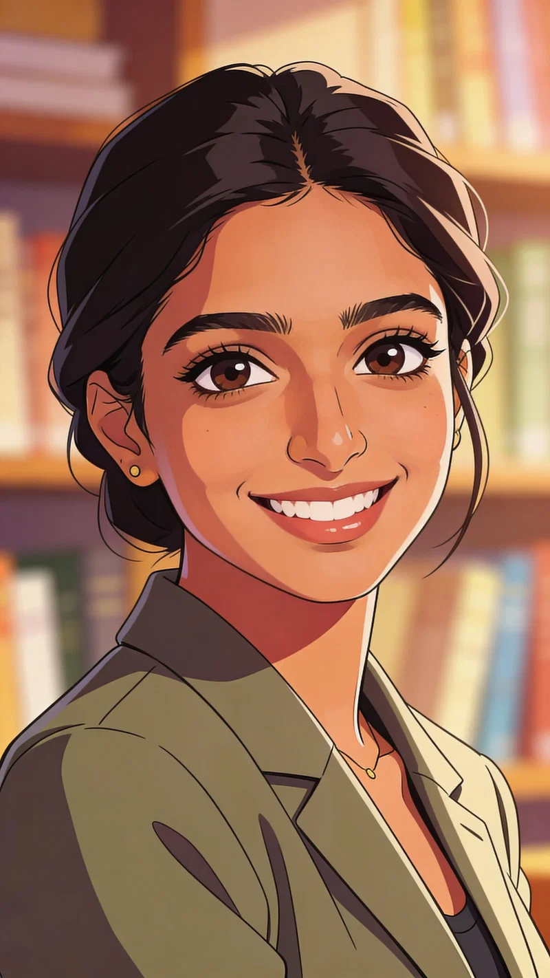 Anime pfp of a South Asian woman with a warm bookshelf ba...